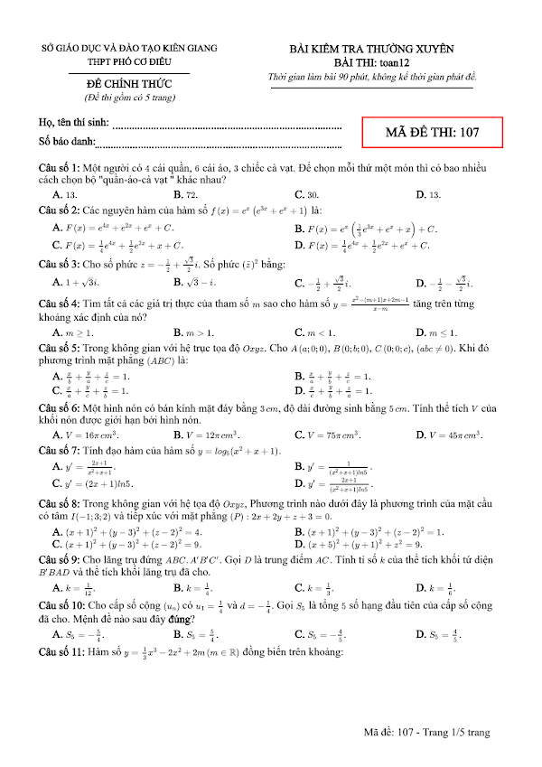 Bài kiểm tra thường xuyên môn Toán lớp 12 - trường THPT Phó Cơ Điều – Kiên Giang (có đáp án)