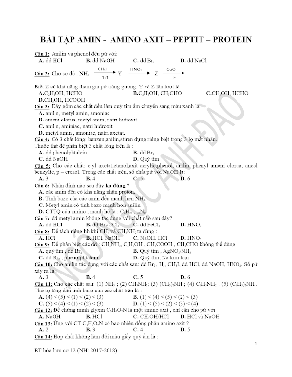 Bài tập AMIN - AMINO AXIT – PEPTIT – PROTEIN - Hóa 12
