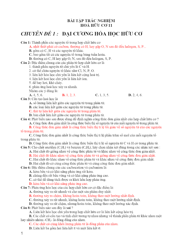 Bài tập trắc nghiệm hóa hữu cơ 11