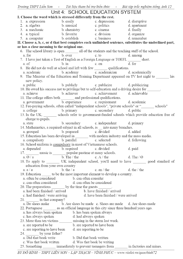 Bài Tập Trắc Nghiệm Tiếng Anh Lớp 12 Unit 4 School Education System