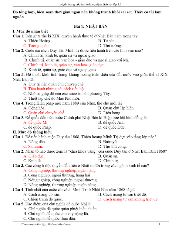 CÂu HỎi TrẮc NghiỆm SỬ 11
