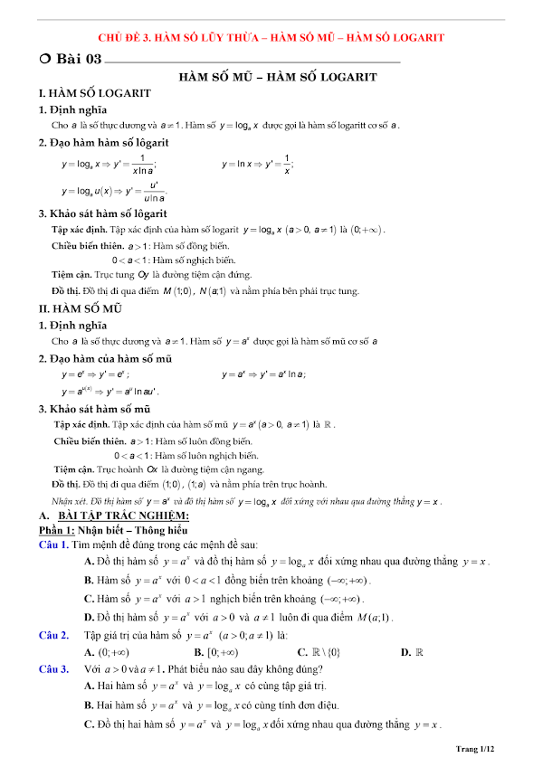 Chuyên đề hàm số lũy thừa, hàm số mũ và hàm số logarit - lý thuyết và bài tập trắc nghiệm