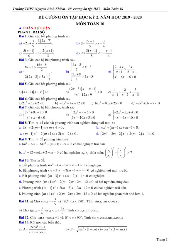 Đề cương ôn tập học kì 2 môn Toán lớp 10 - trường THPT Nguyễn Bỉnh Khiêm – Gia Lai năm học 2019 ...
