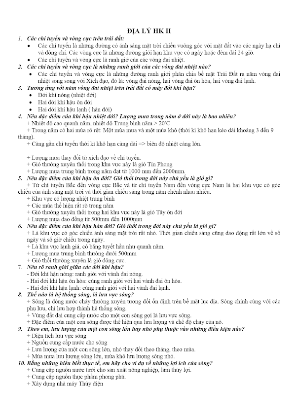 Đề cương ôn thi học kì 2 môn Địa Lý lớp 6