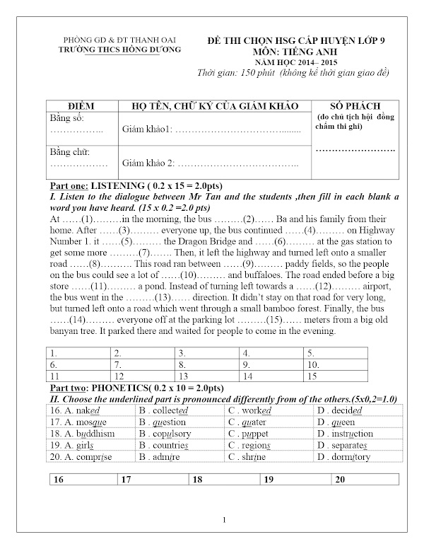 Đề thi chọn HSG cấp huyện môn Tiếng Anh lớp 9 - trường THCS Hồng Dương - Thanh Oai năm học 2014 ...