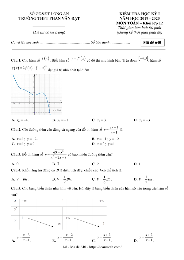 Đề thi học kì 1 môn Toán lớp 12 - trường THPT Phan Văn Đạt – Long An ...