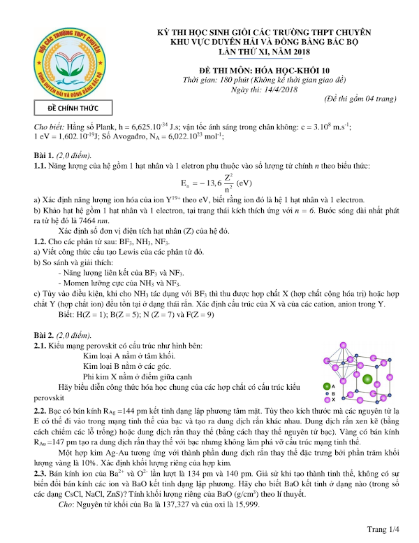Đề thi HSG các trường THPT chuyên khu vực duyên hải và đồng bằng Bắc Bộ môn Hóa học lớp 10