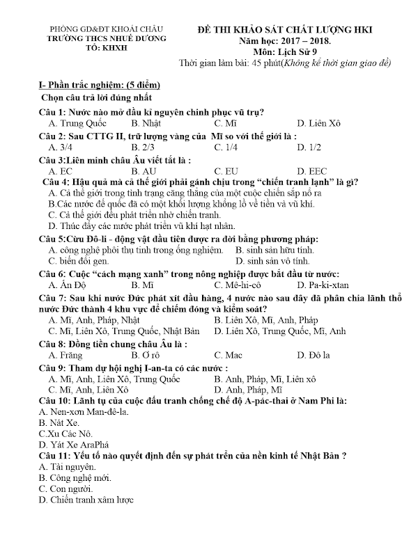 Đề thi KSCL HKI môn Lịch Sử 9 trường THCS Nhuế Dương - Khoái Châu năm học 2017 - 2018 (có đáp án)