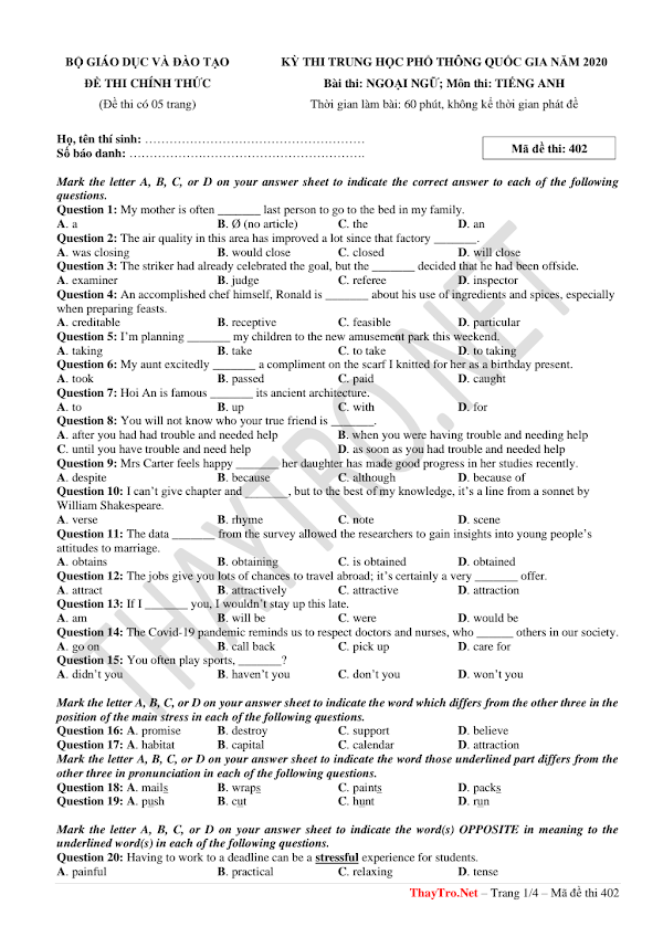 Đề thi tốt nghiệp THPT năm 2020 môn Tiếng Anh - mã đề 402