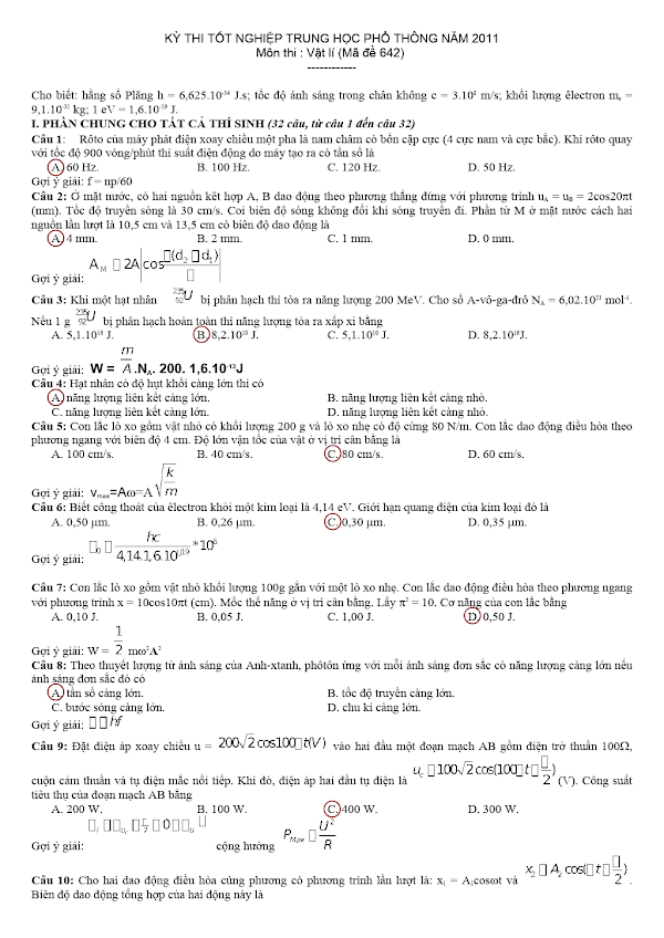 Giải chi tiết đề thi tốt nghiệp THPT 2011 môn Lý Mã đề 642